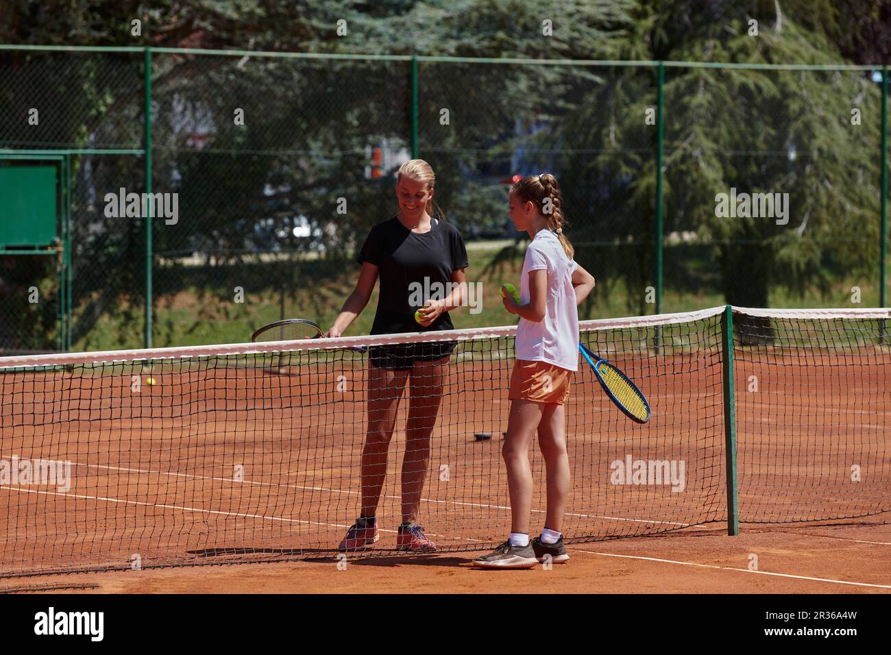 Tennis players standing together on the tennis court, poised and ...