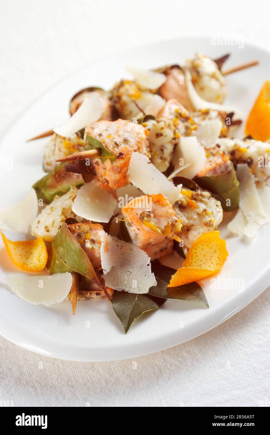 Fish kebabs with salmon and monkfish Stock Photo - Alamy