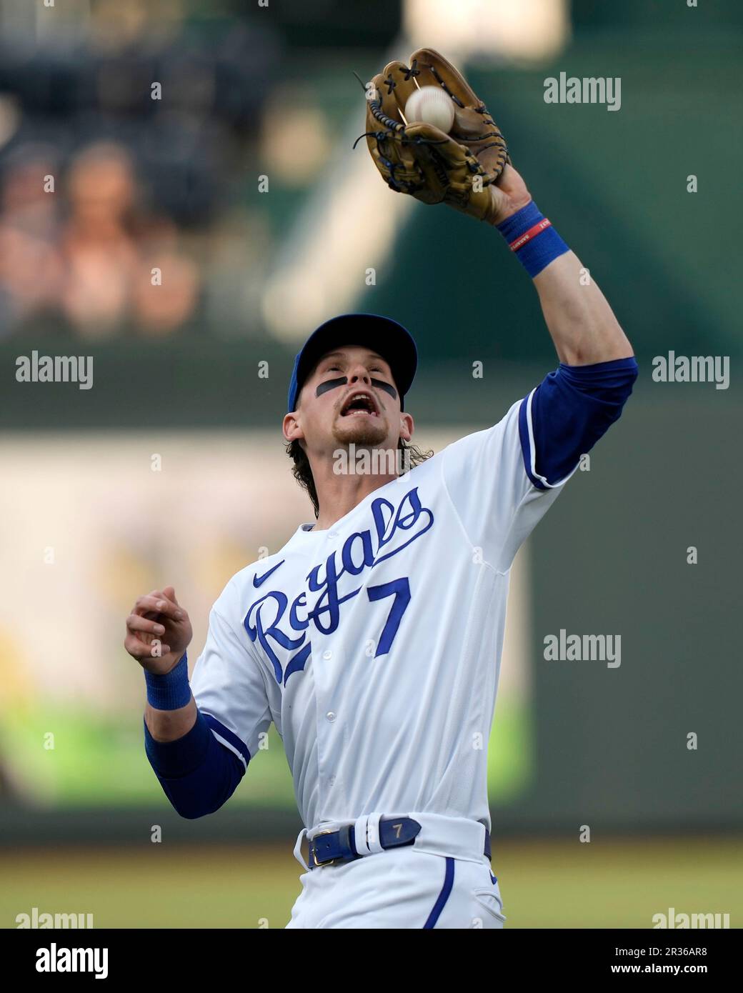 Kansas City Royals shortstop Bobby Witt Jr. catches a fly ball for the ...