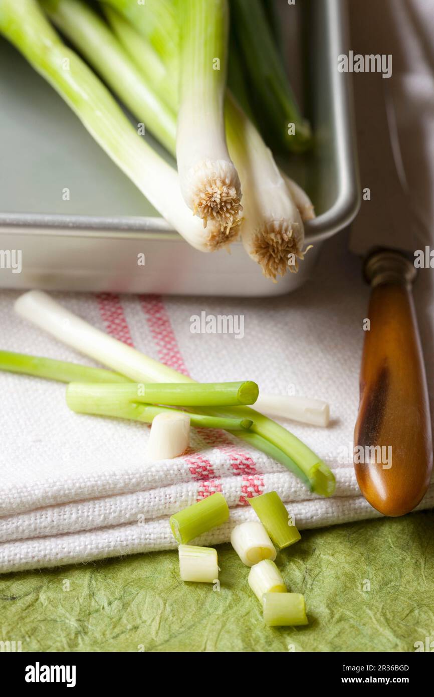 Spring onions, whole and sliced Stock Photo - Alamy