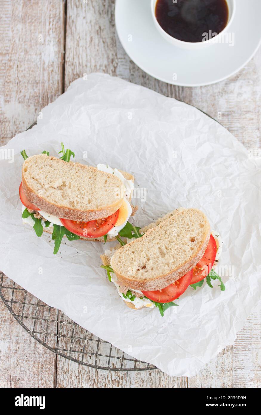 Ciabatta sandwiches with tuna fish, quark, rocket, tomatoes and egg ...