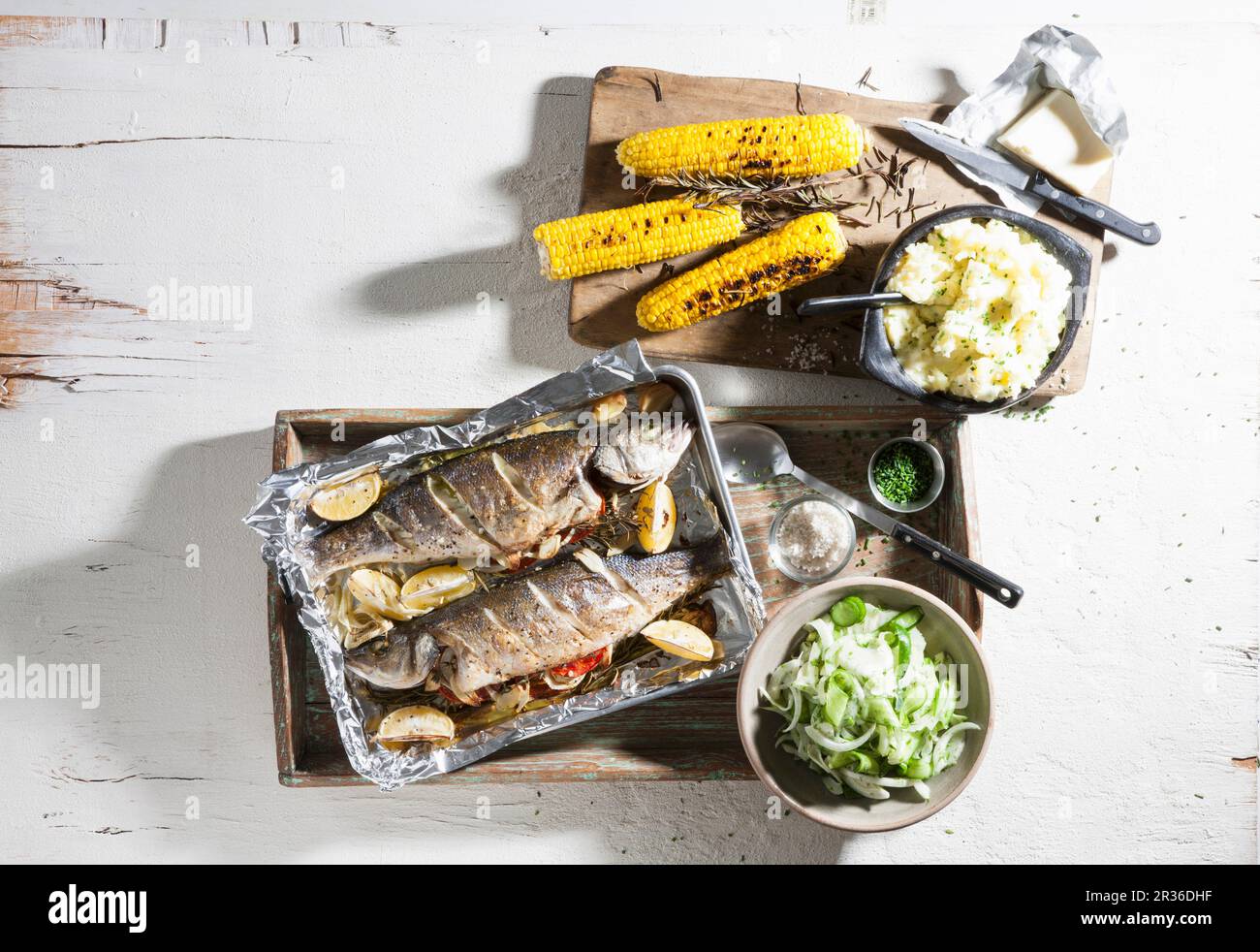 Oven roasted trout with corn cobs and sweetcorn purée (seen above Stock ...