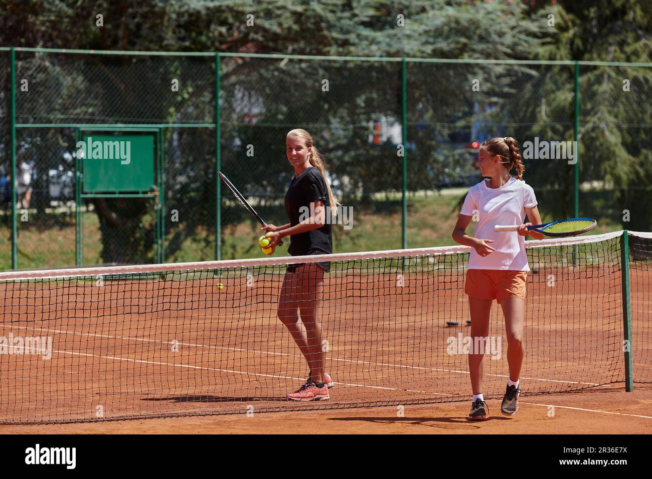 Tennis players standing together on the tennis court, poised and ...