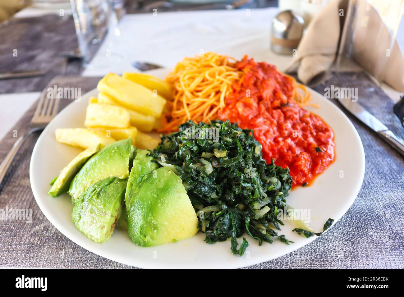 Safari lunch platter with pasta, greens, fruits served at one of the ...