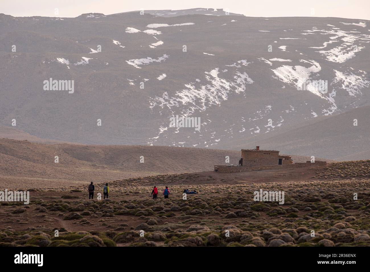 trekkers arriving at the refuge, Tarkeddit plain, Ighil M'Goun, 4,071 ...