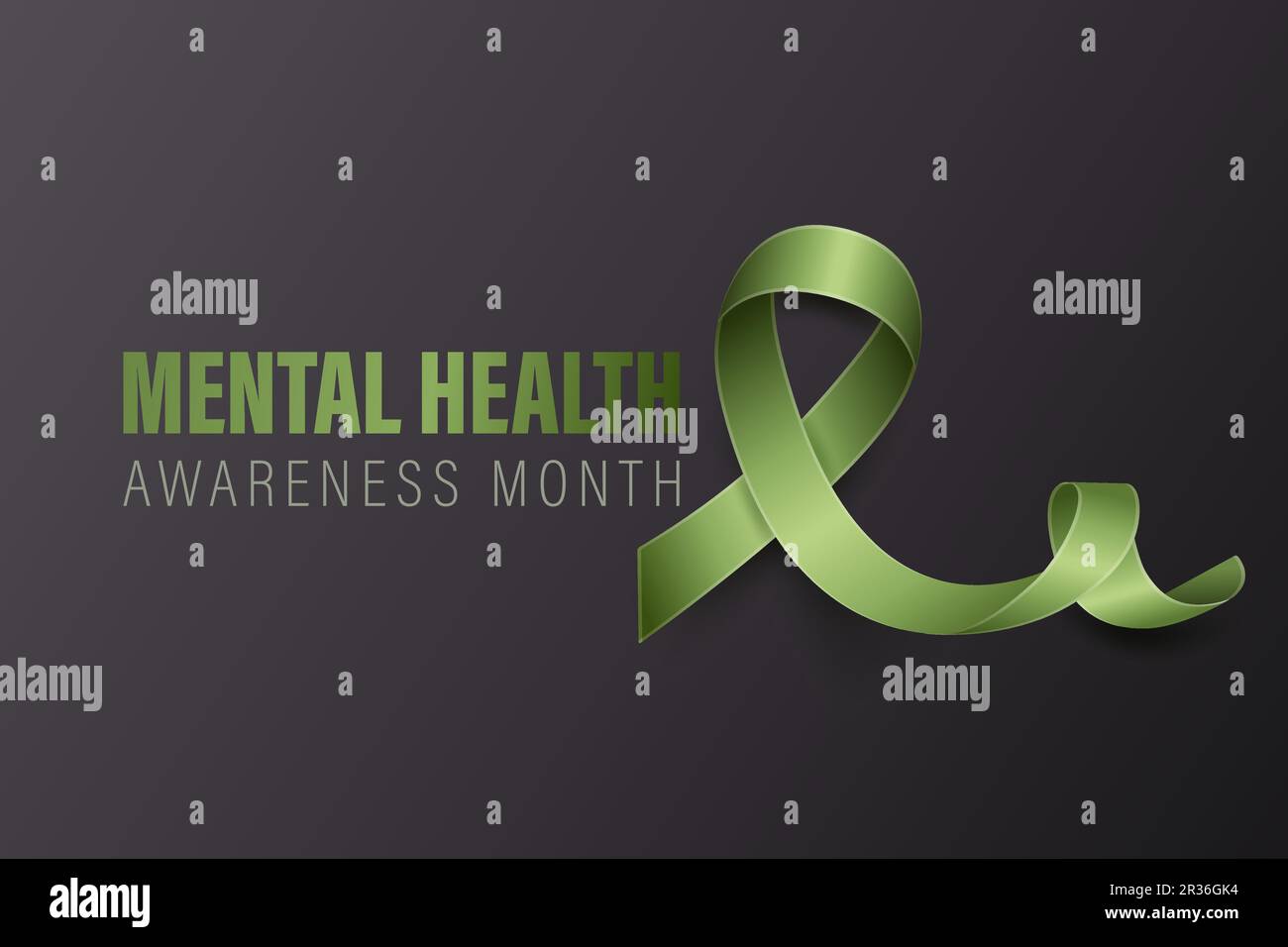 Mental Health Awareness Month Banner, Card, Placard with Vector 3d Realistic Green Ribbon on ...