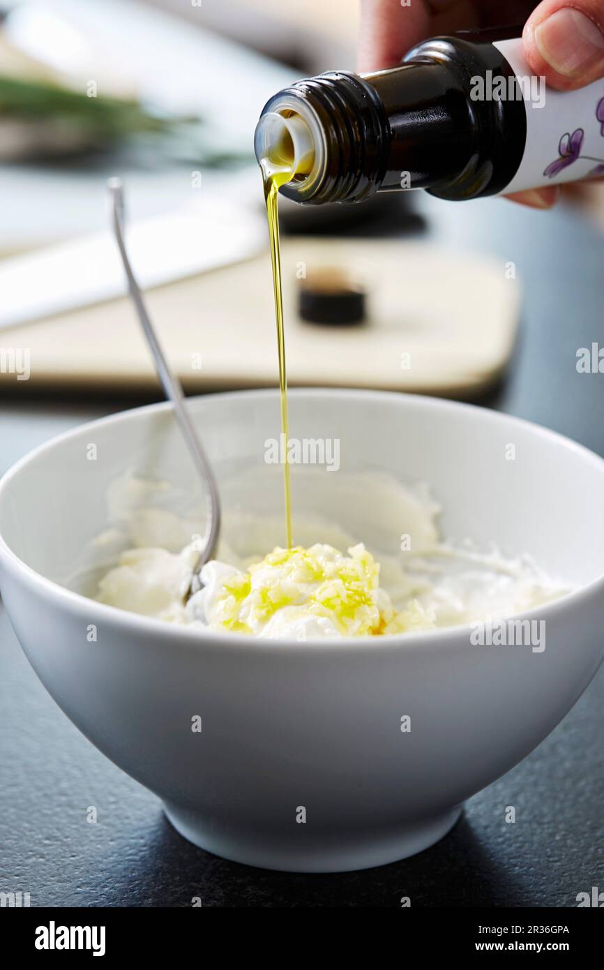 Quark and flaxseed oil spread Stock Photo - Alamy