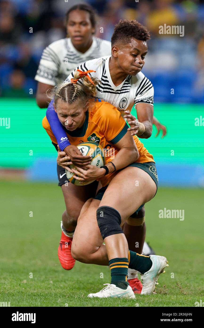 Georgina Friedrichs of the Australian Wallaroos is tackled during the ...
