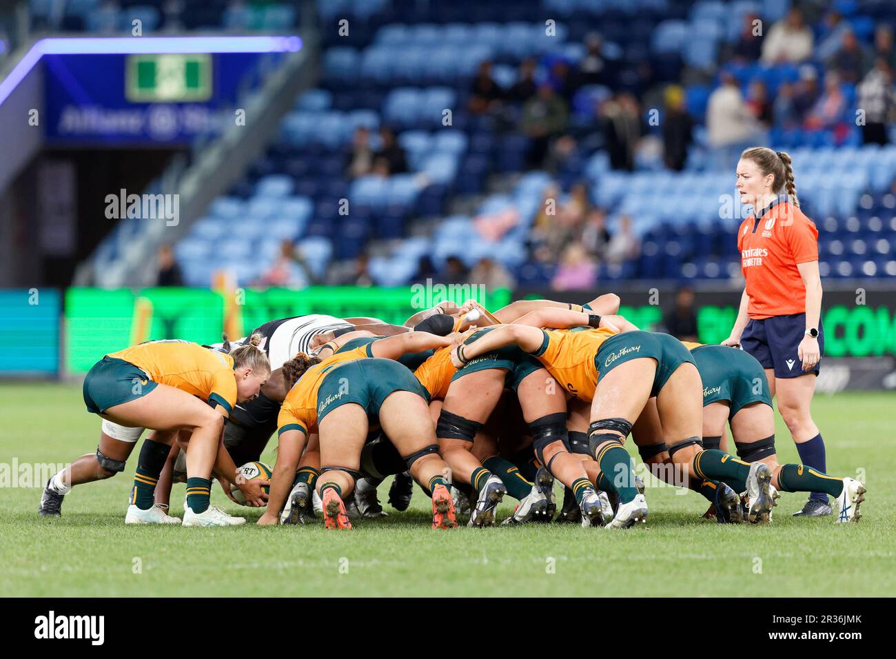Layne Morgan of the Australian Wallaroos prepares to feed the ball into ...
