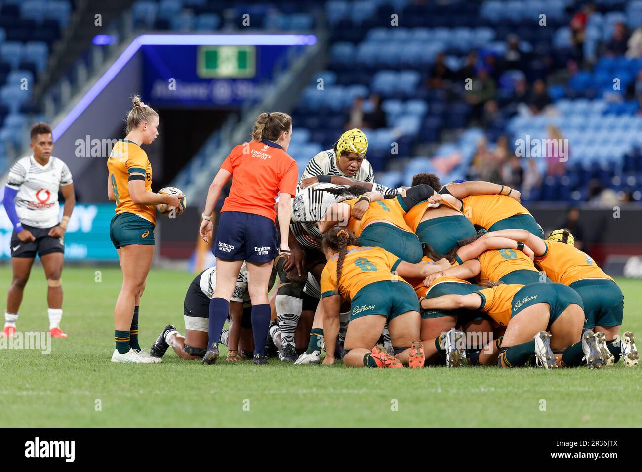 Layne Morgan of the Australian Wallaroos prepares to feed the ball into ...