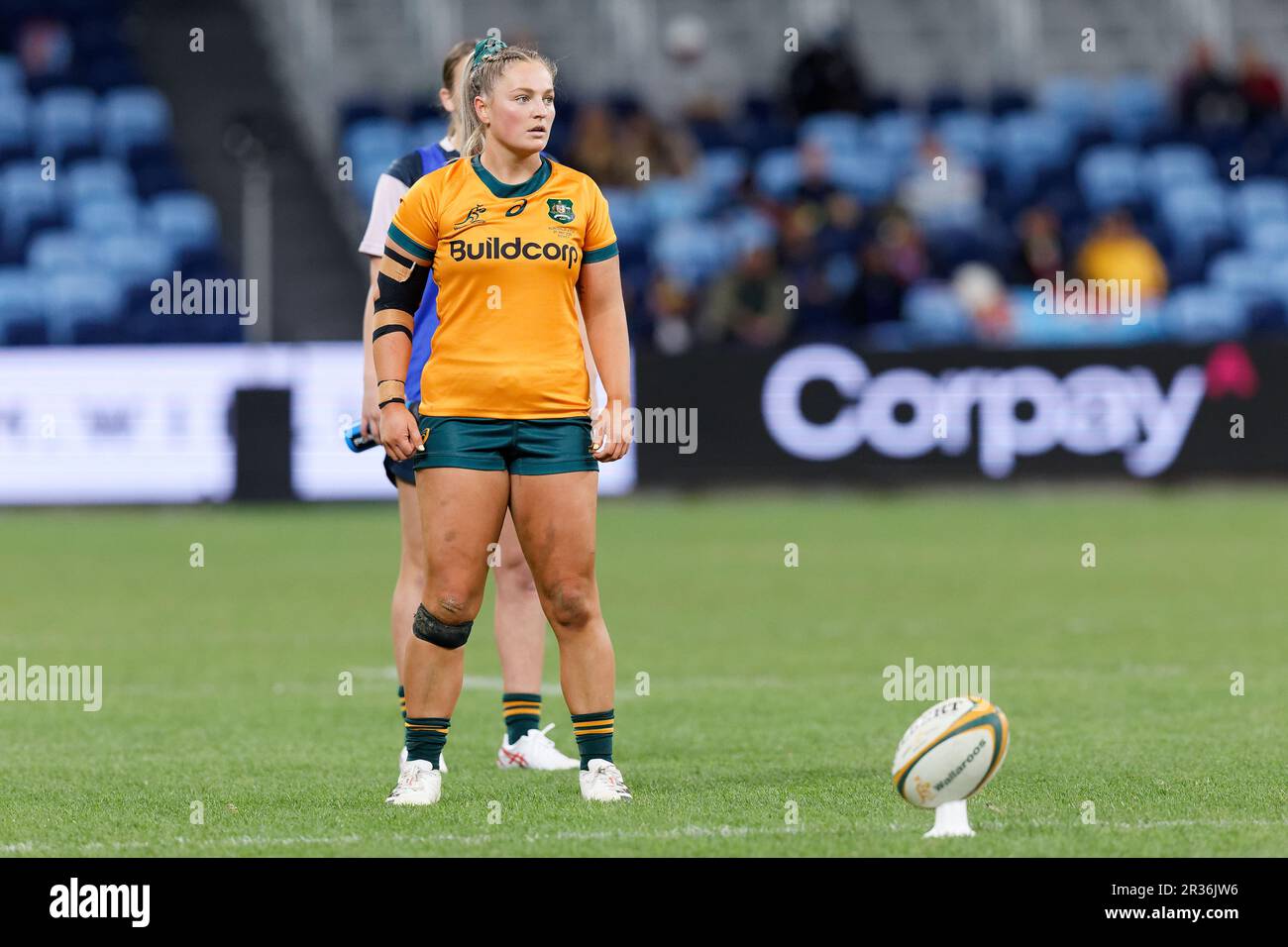 Carys Dallinger of the Australian Wallaroos prepares to kick a ...