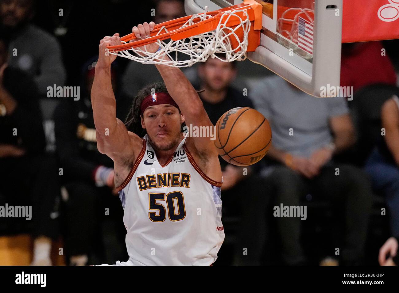 Denver Nuggets forward Aaron Gordon (50) dunks against the Los Angeles Lakers in the first half ...