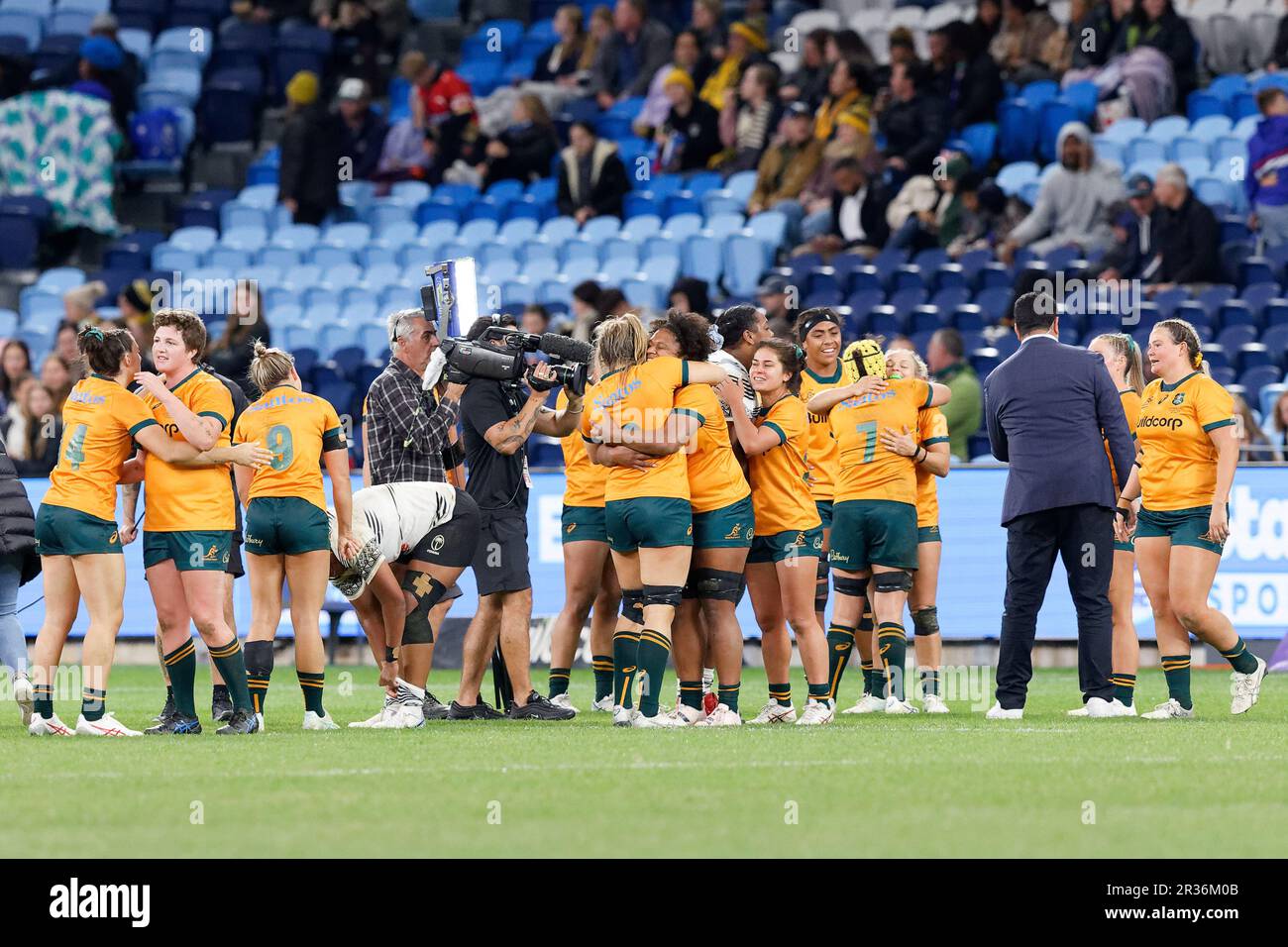 The Australia Wallaroos celebrate their win after the Rugby Women's ...