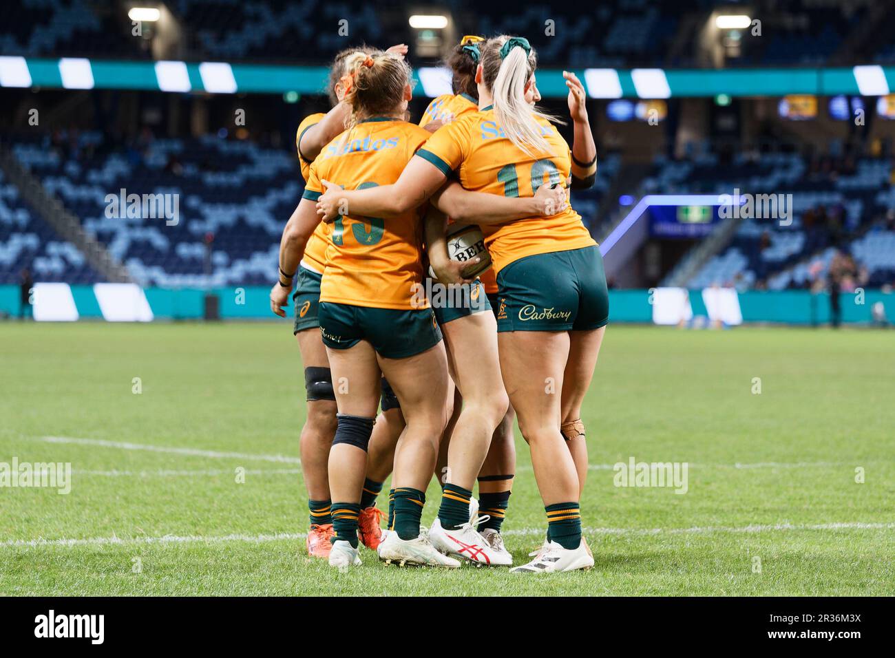 The Australian Wallaroos celebrate after scoring a try during the Rugby ...