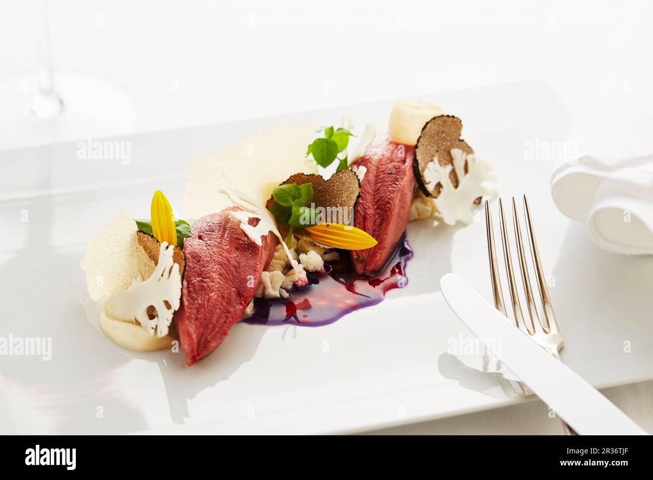 Pigeon with truffle and red cabbage Stock Photo - Alamy