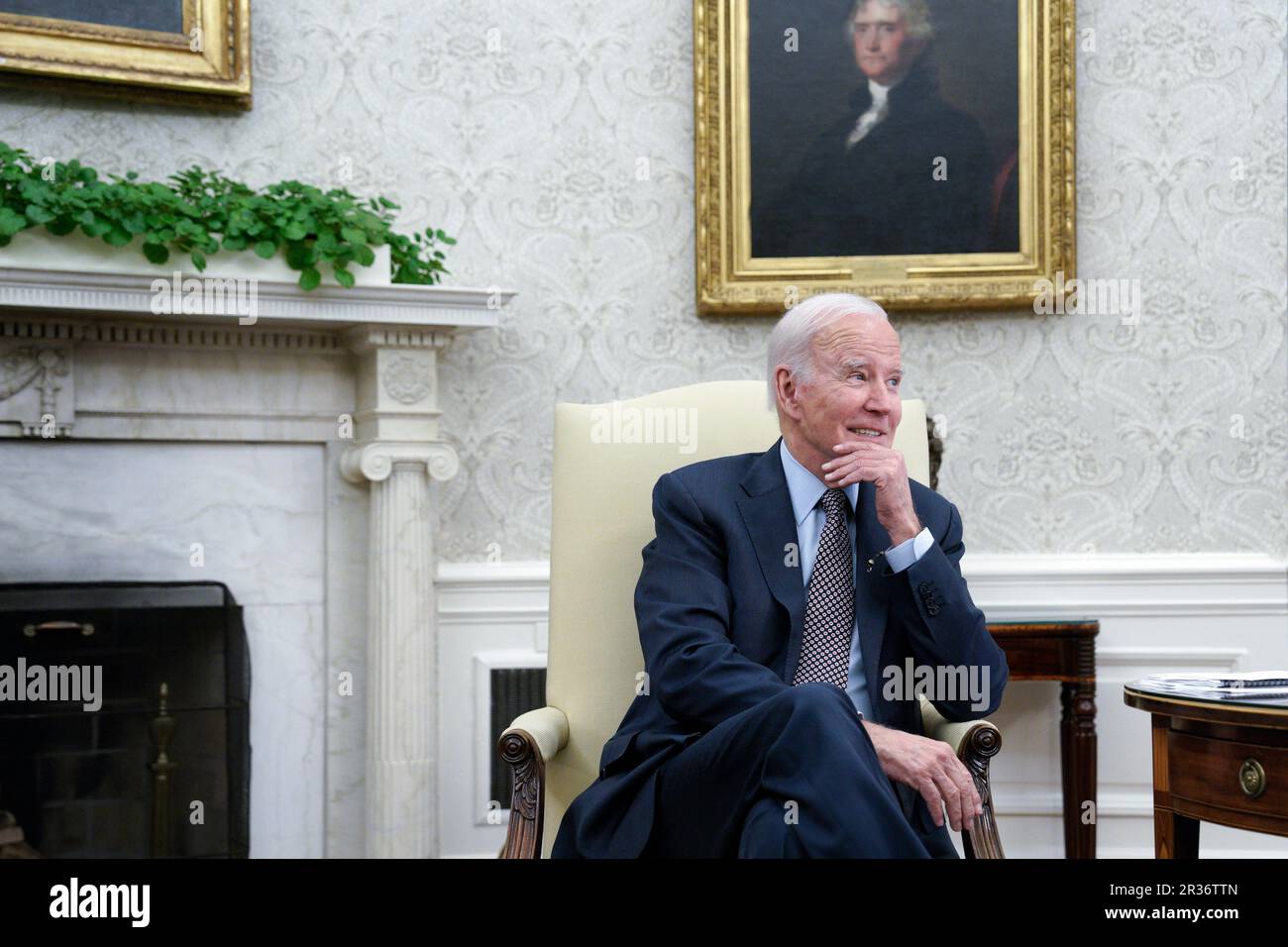 United States President Joe Biden sits during his meeting with Speaker ...