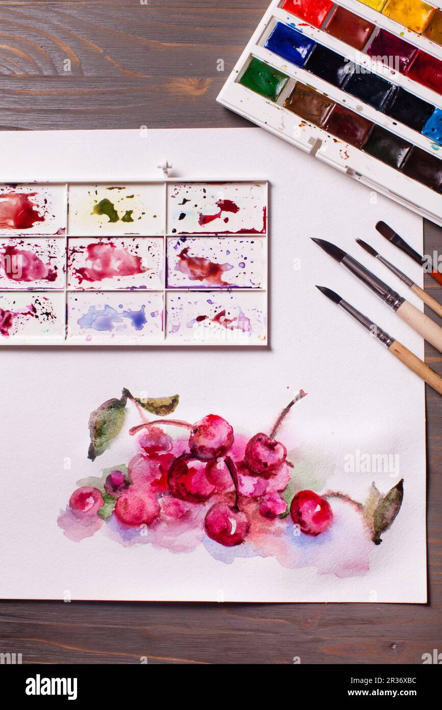 Watercolor painting cherries Stock Photo - Alamy