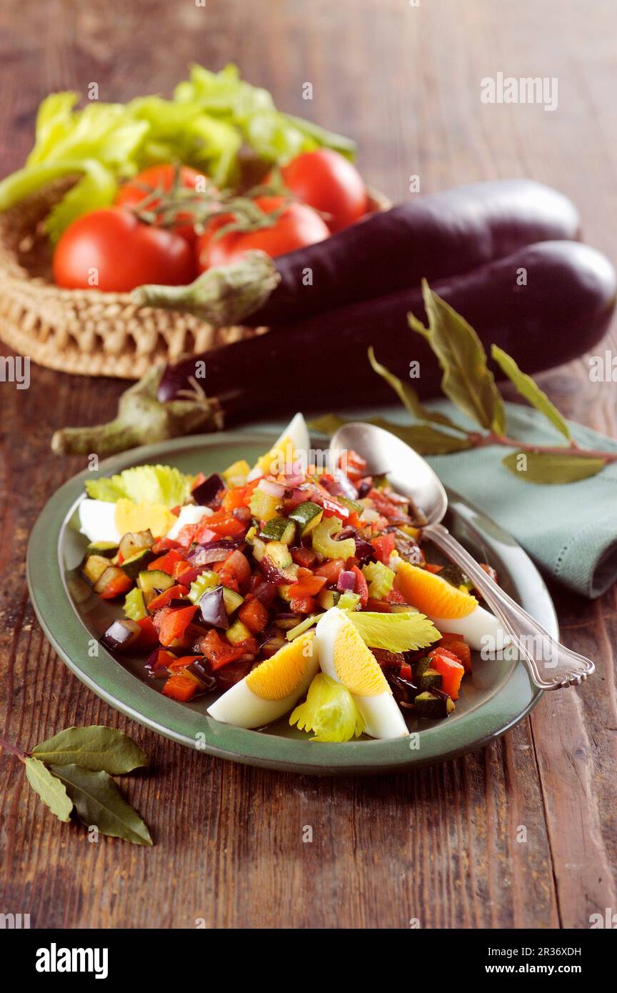 Spanish-style vegetable salad with aubergine and egg Stock Photo - Alamy