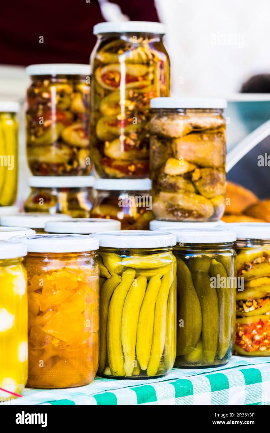 Pickle vegetables in glass jars on a market stand in Beirut, Lebanon ...
