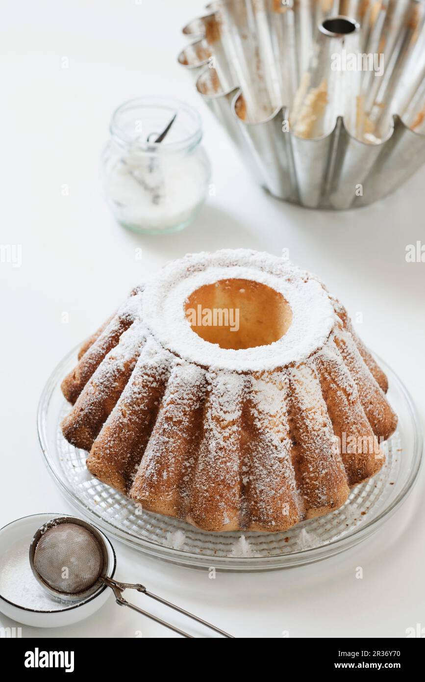 A freshly baked Bundt cake dusted with icing sugar Stock Photo - Alamy