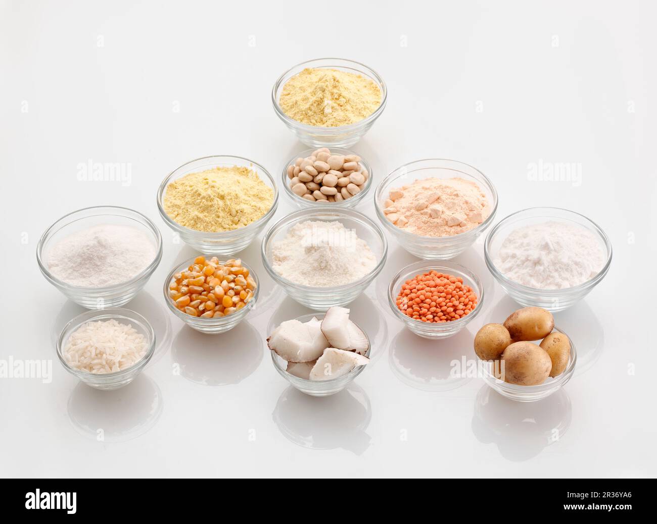 Assorted types of gluten-free flour in bowls Stock Photo - Alamy