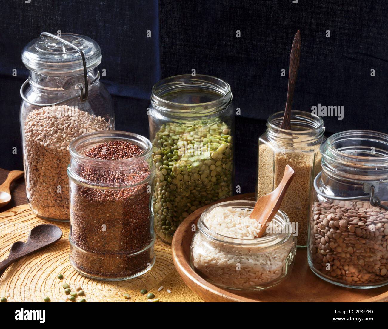 Lentils, rice, couscous, split peas, kasha, and red quinoa in ...