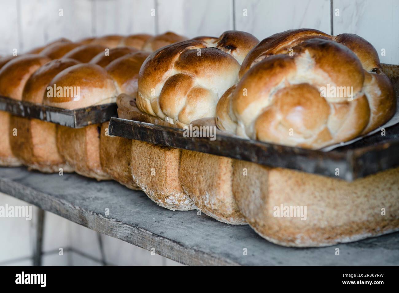 Hefezöpfe (sweet bread from southern Germany) and tin loaves (of sour ...