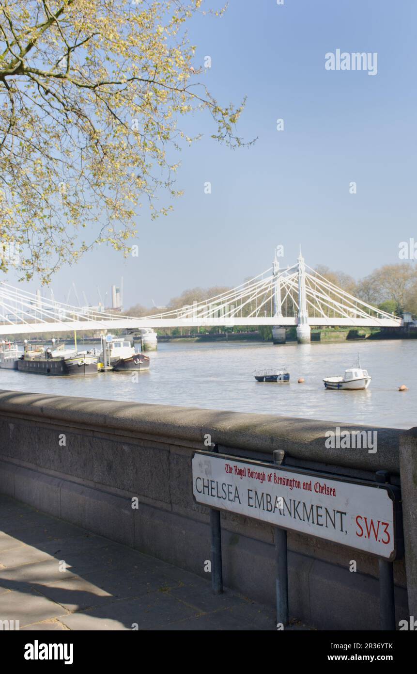 River Thames London from Chelsea Embankment with Albert Bridge Stock ...