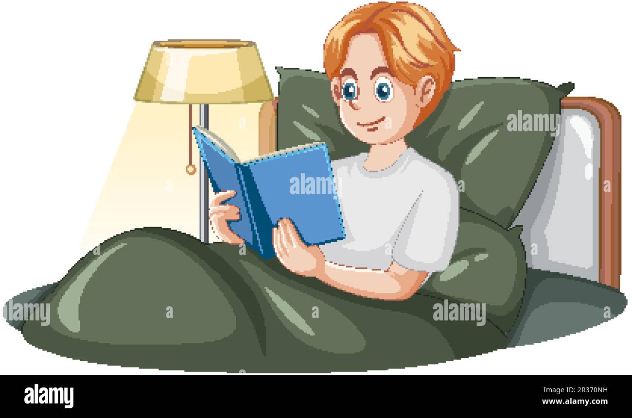 Teenage Boy Reading Book on Bed illustration Stock Vector Image & Art ...