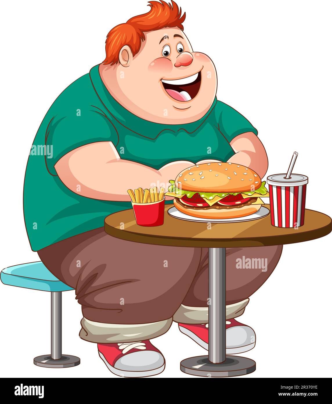 Overweight man eating fast food on the table isolated illustration ...