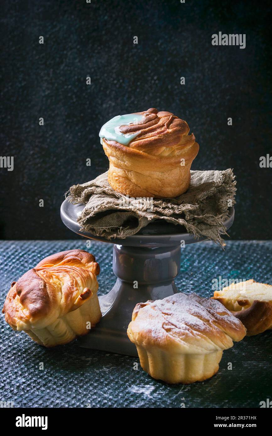 Homemade cruffins (a cross between a croissant and a muffin) with icing ...