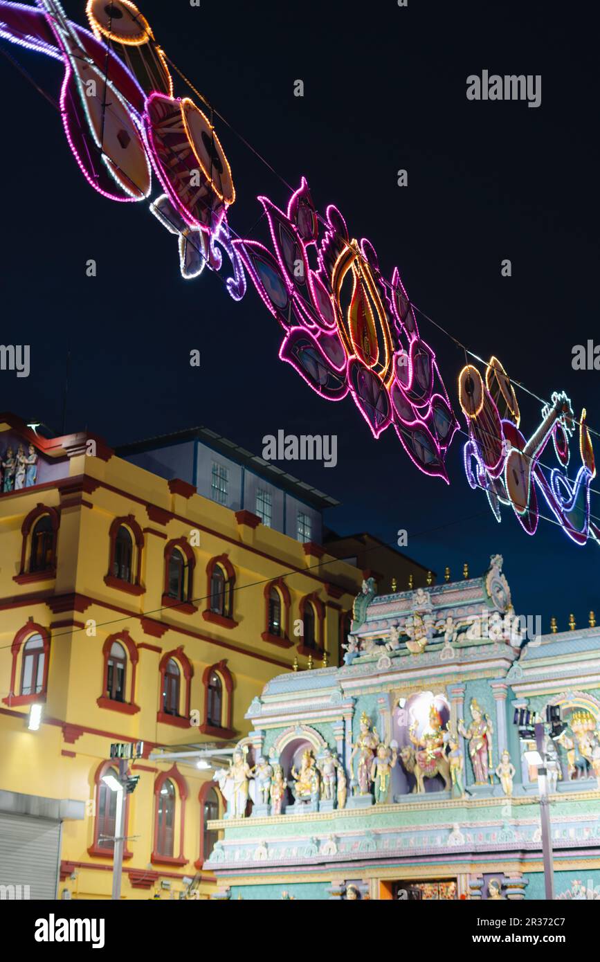 Little India Hindu temple and street night view in Singapore Stock ...