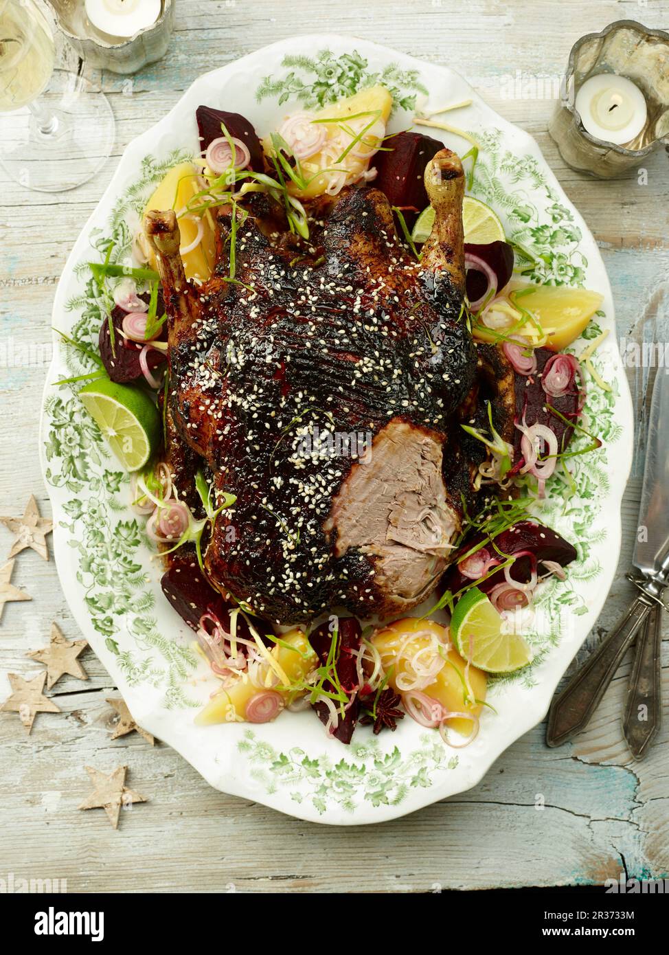 Roast duck served with roasted beetroot Stock Photo - Alamy