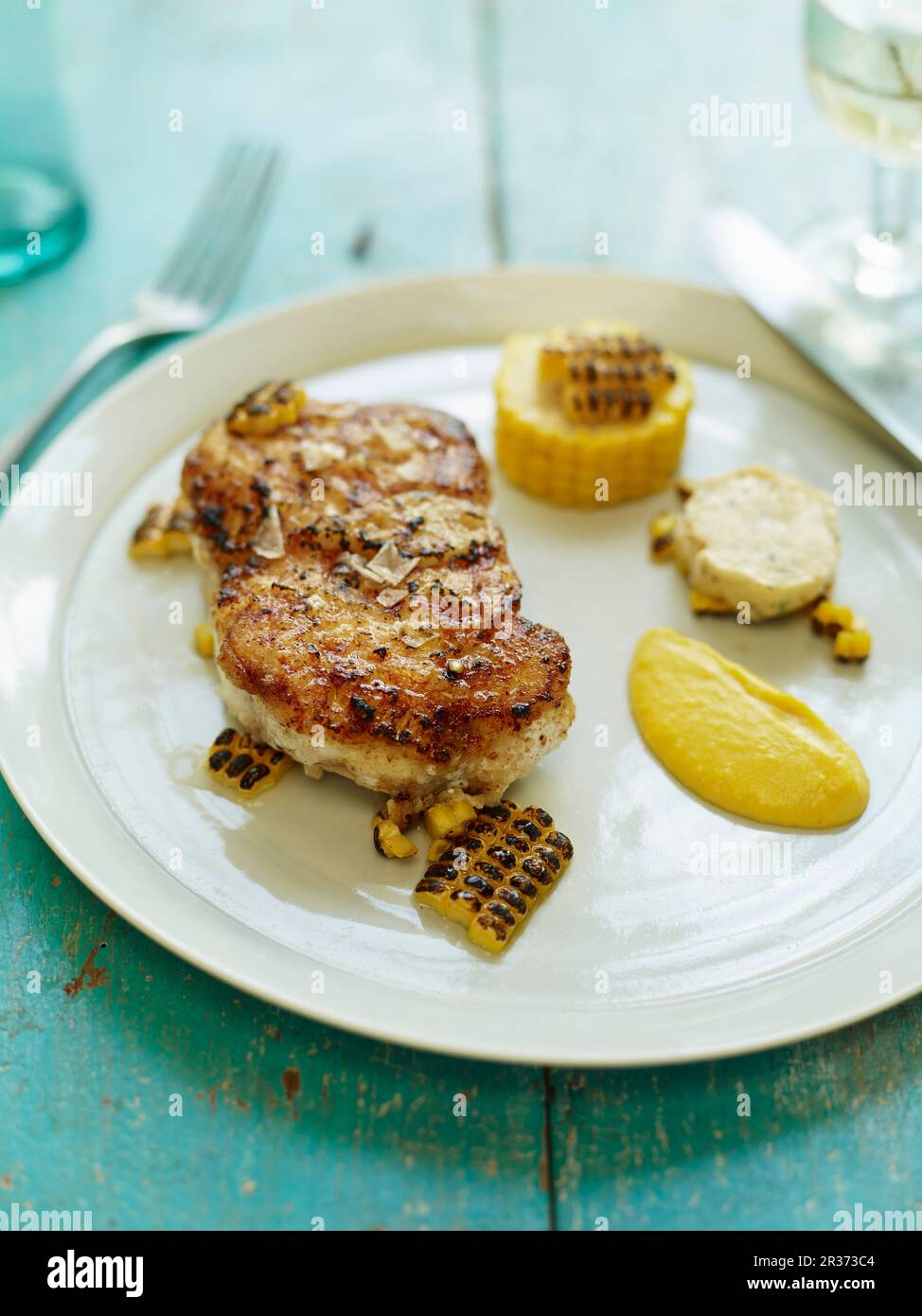 Roasted monk fish with mace, sweetcorn and salted butter Stock Photo ...