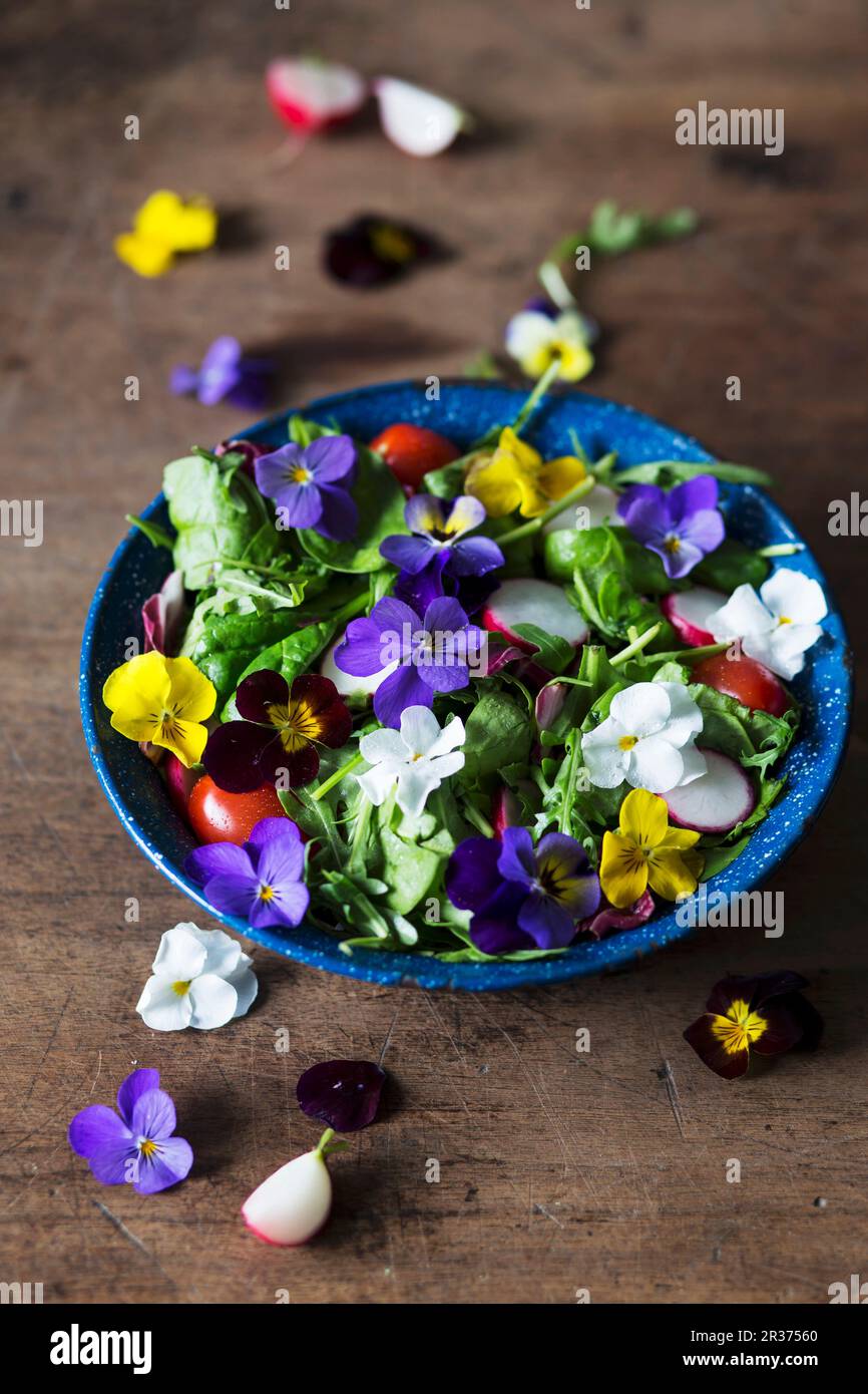 Spring salad with radishes and edible flowers Stock Photo - Alamy