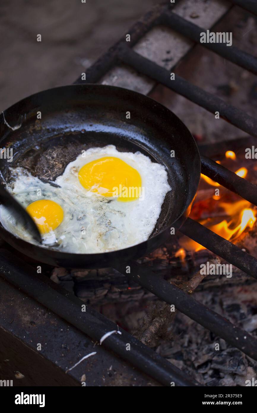 A fried egg in a pan on a fire grate (camping breakfast Stock Photo - Alamy