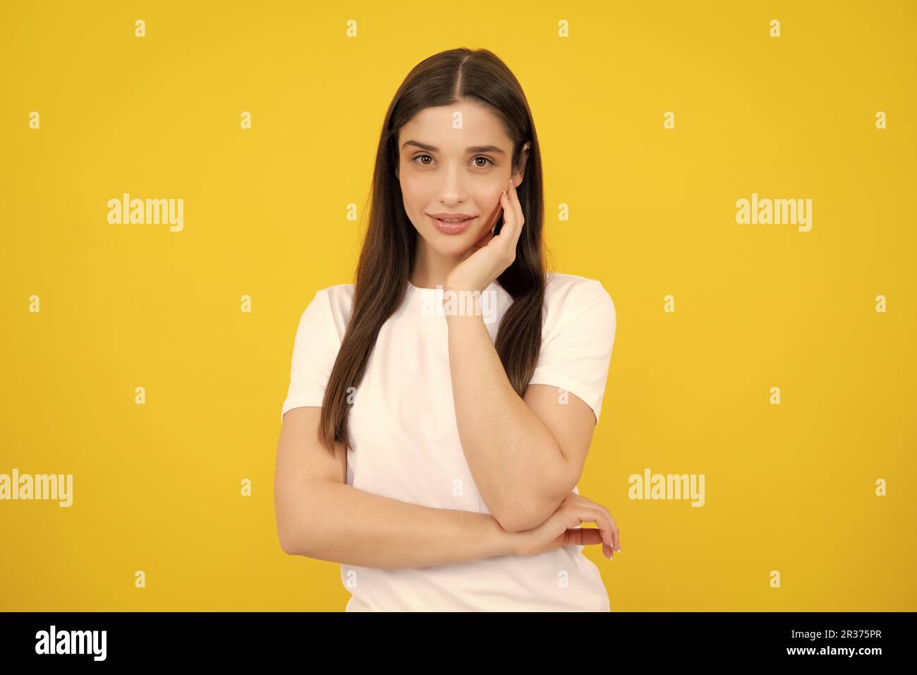 Young female model face. Pretty joyfully female model looking with ...