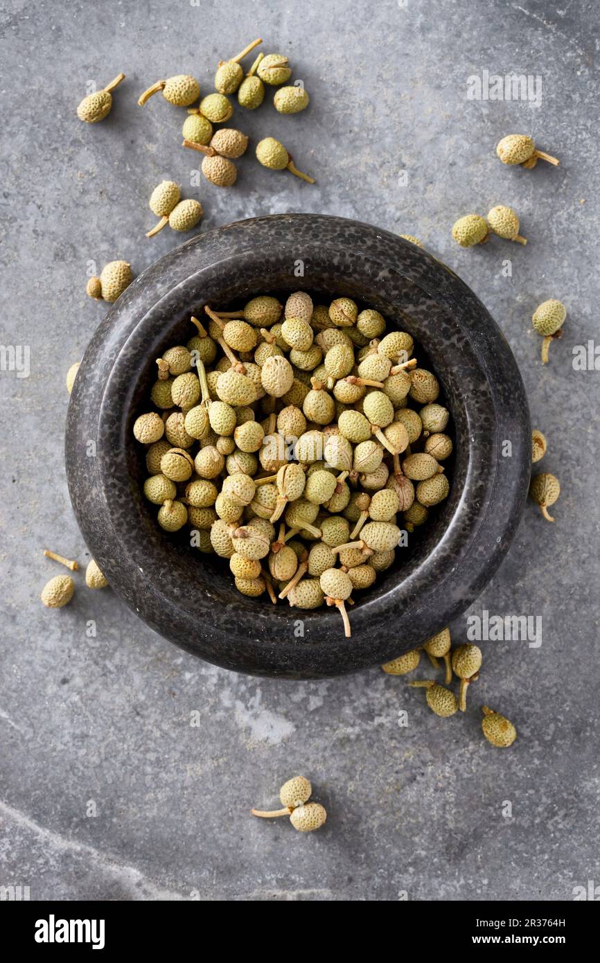Sansho pepper in a mortar (seen from above Stock Photo - Alamy