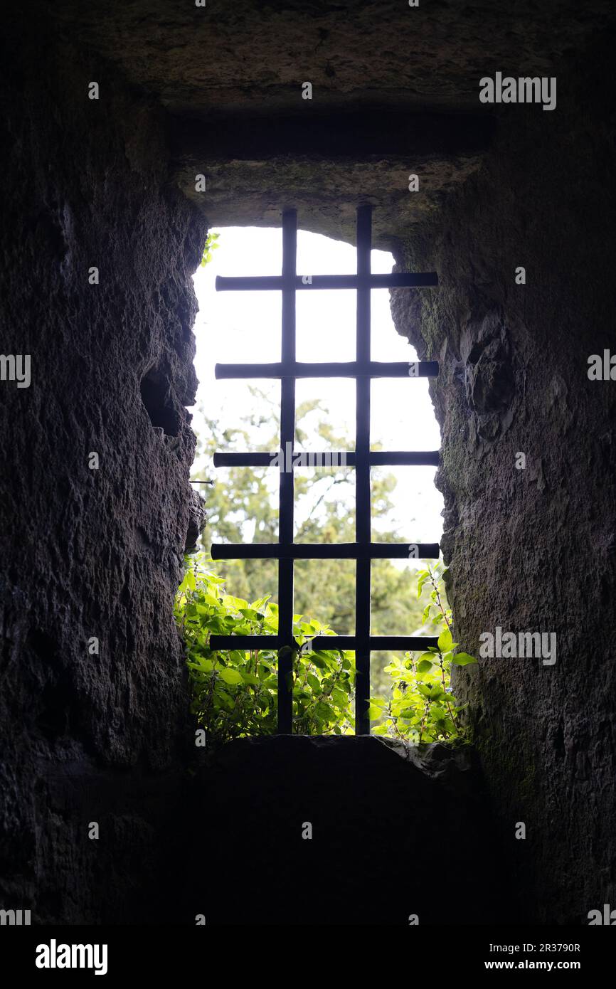 View through window with bars from inside Blarney Castle in Ireland ...