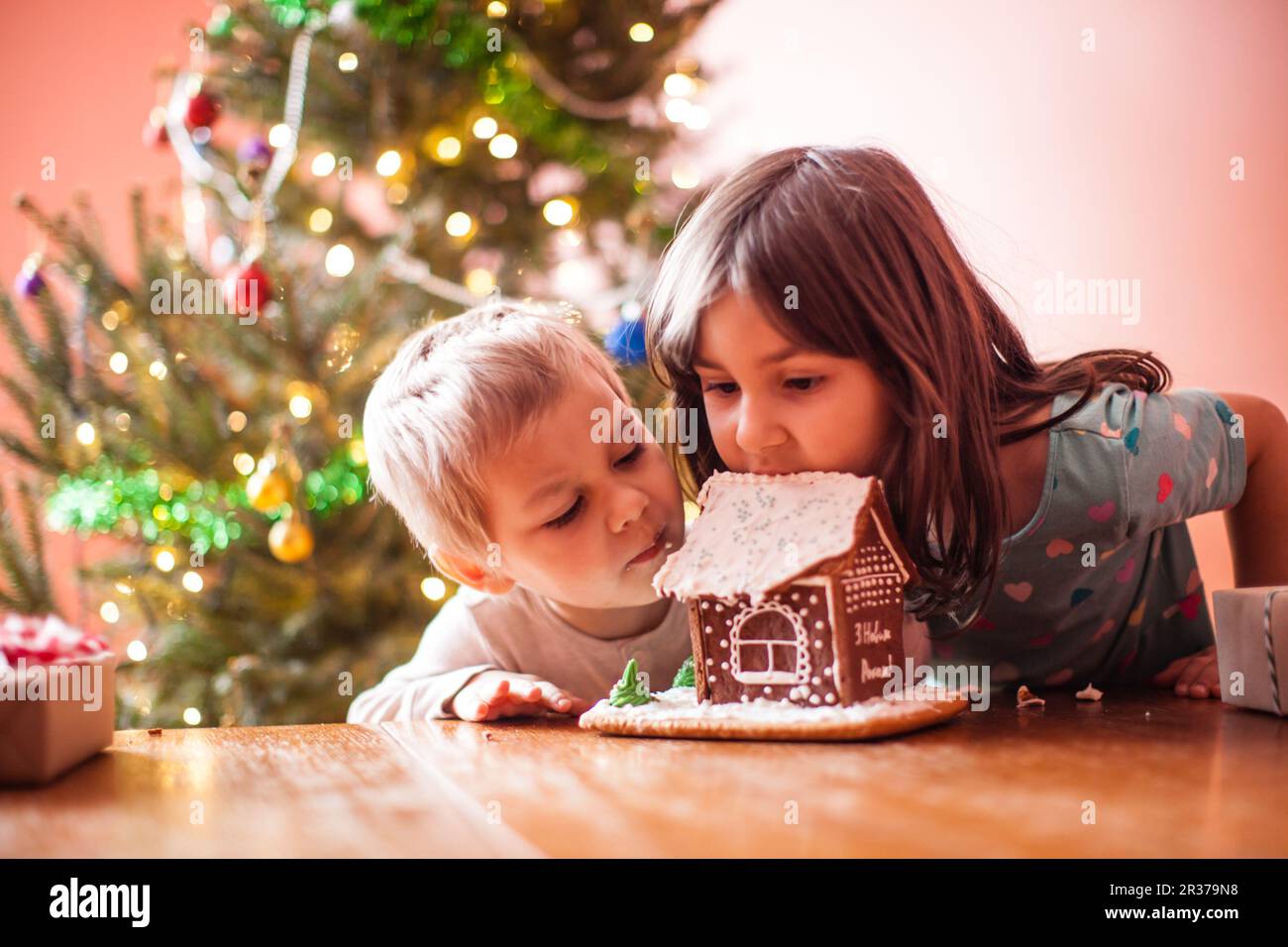 Kids with gingerbread house Stock Photo - Alamy