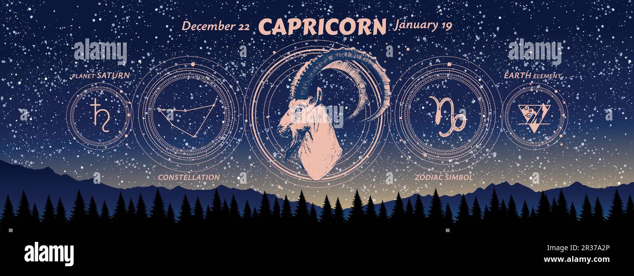 Capricorn zodiac sign, beautiful modern astrology banner on night landscape background ...