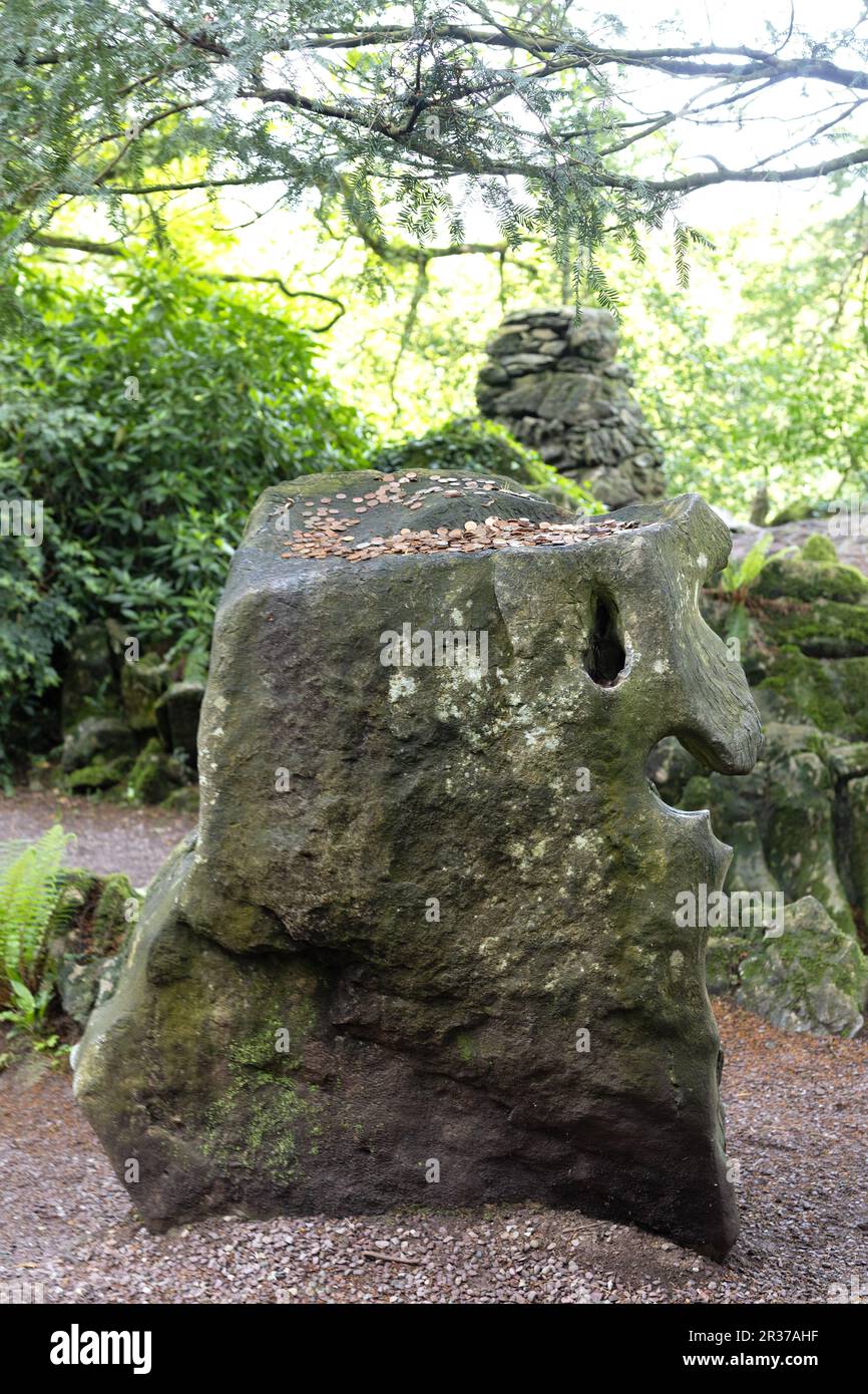 The witches stone, covered in pennies, on the grounds of Blarney Castle ...