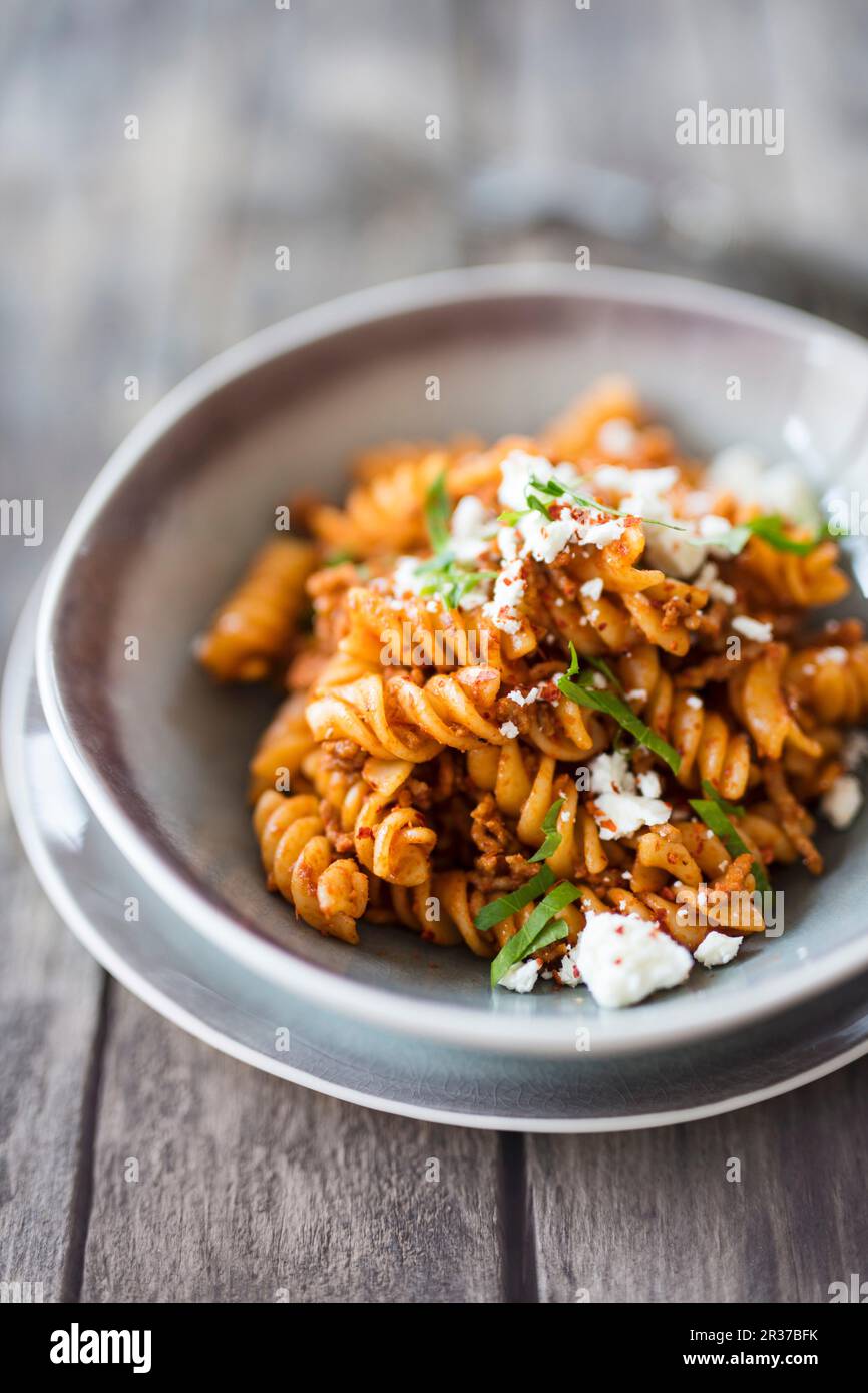 Fusilli with mince and feta (Turkey Stock Photo - Alamy