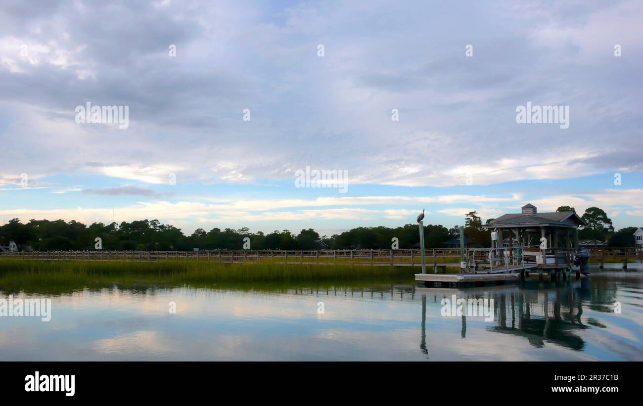 Coastal marsh landscape with a dock and pelican sitting on a post on ...