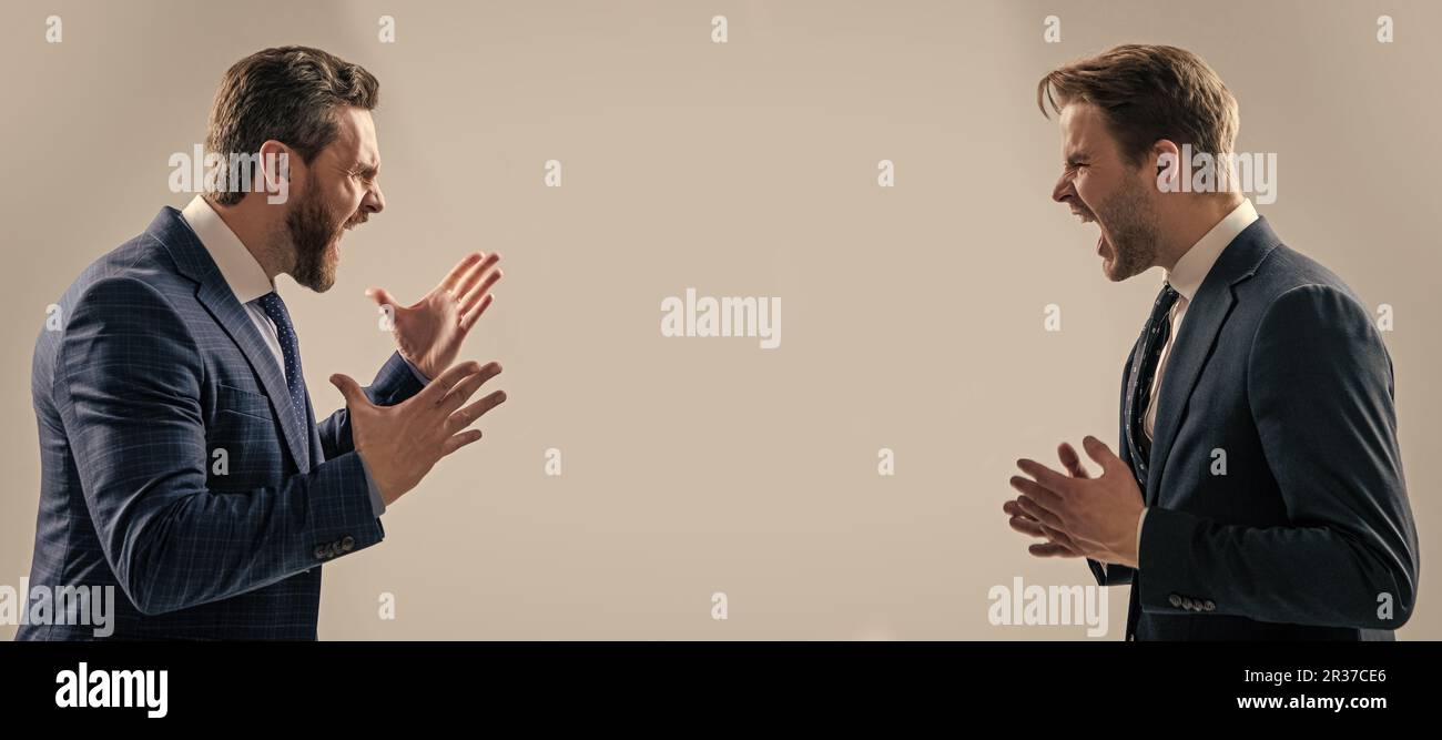 Man face portrait, banner with copy space. dissatisfied men discuss ...