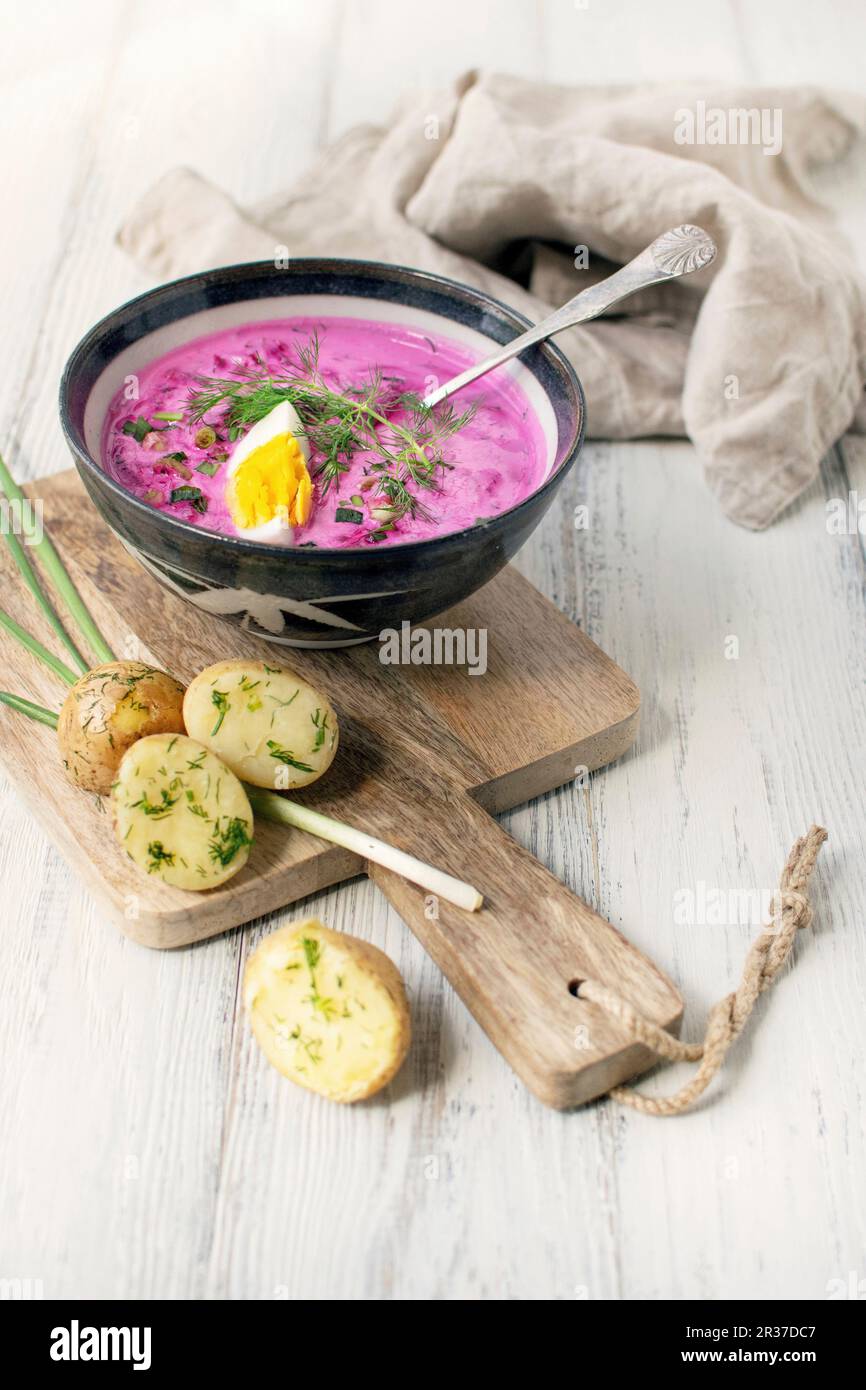 Cold beetroot soup with potatoes and boiled eggs Stock Photo - Alamy