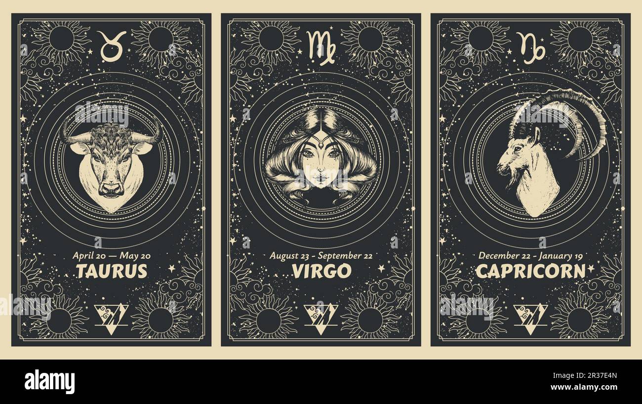 Taurus, virgo, capricorn, earth element zodiac signs, set of astrology ...