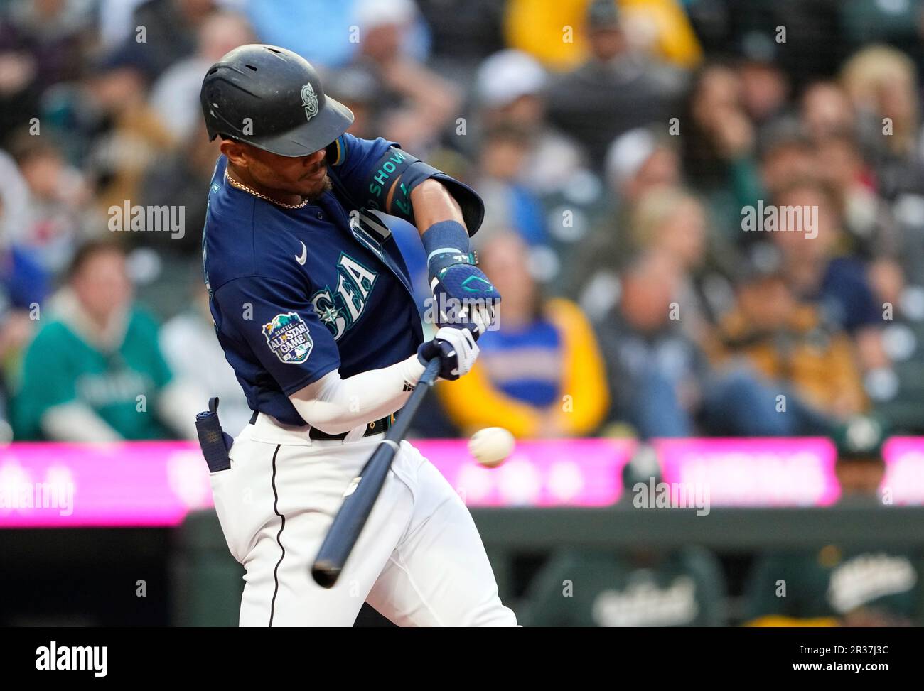 Seattle Mariners' Julio Rodriguez hits a double against the Oakland Athletics during the fifth ...