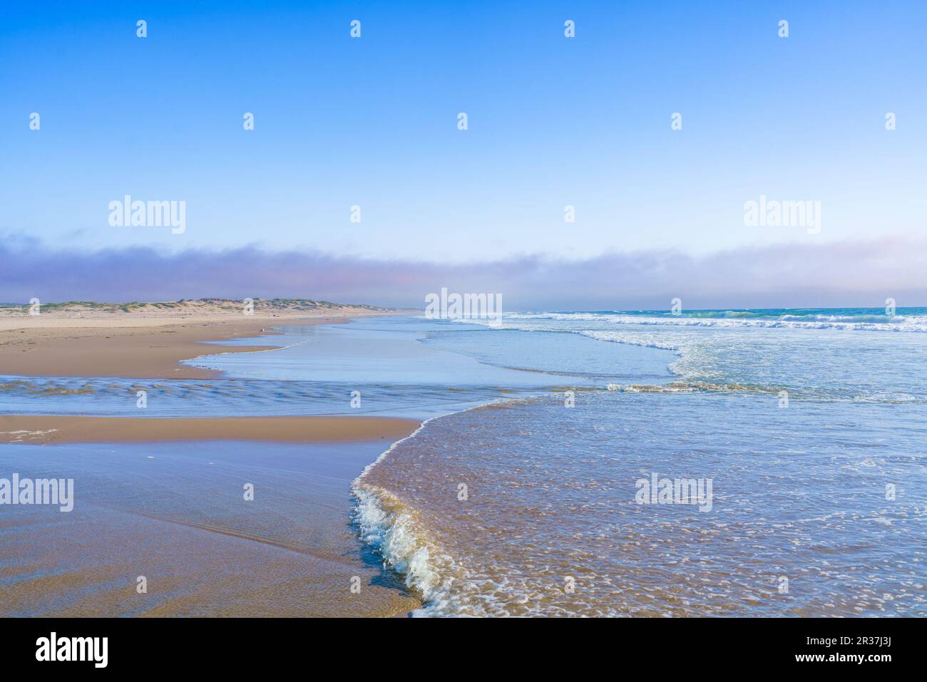 Light airy seascape. Wide sandy beach, sea waves, and cloudy sky, copy ...