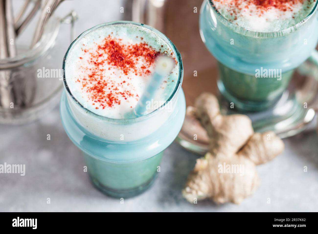 Smurf latte (vegan plant milk, blue spirulina, ginger and beetroot ...